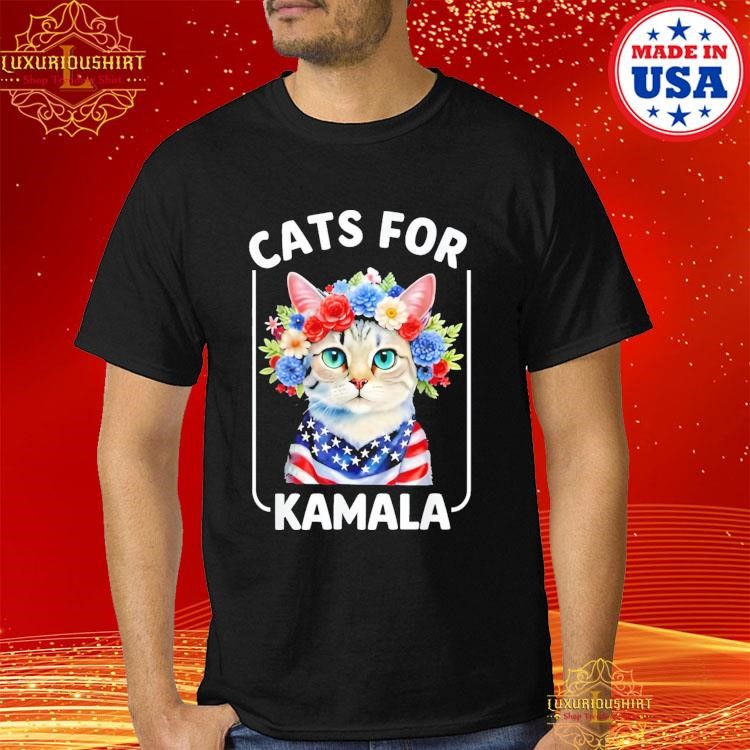 Official Cat For Kamala Cat With Flowers American Usa Flag 2024 Shirt ...